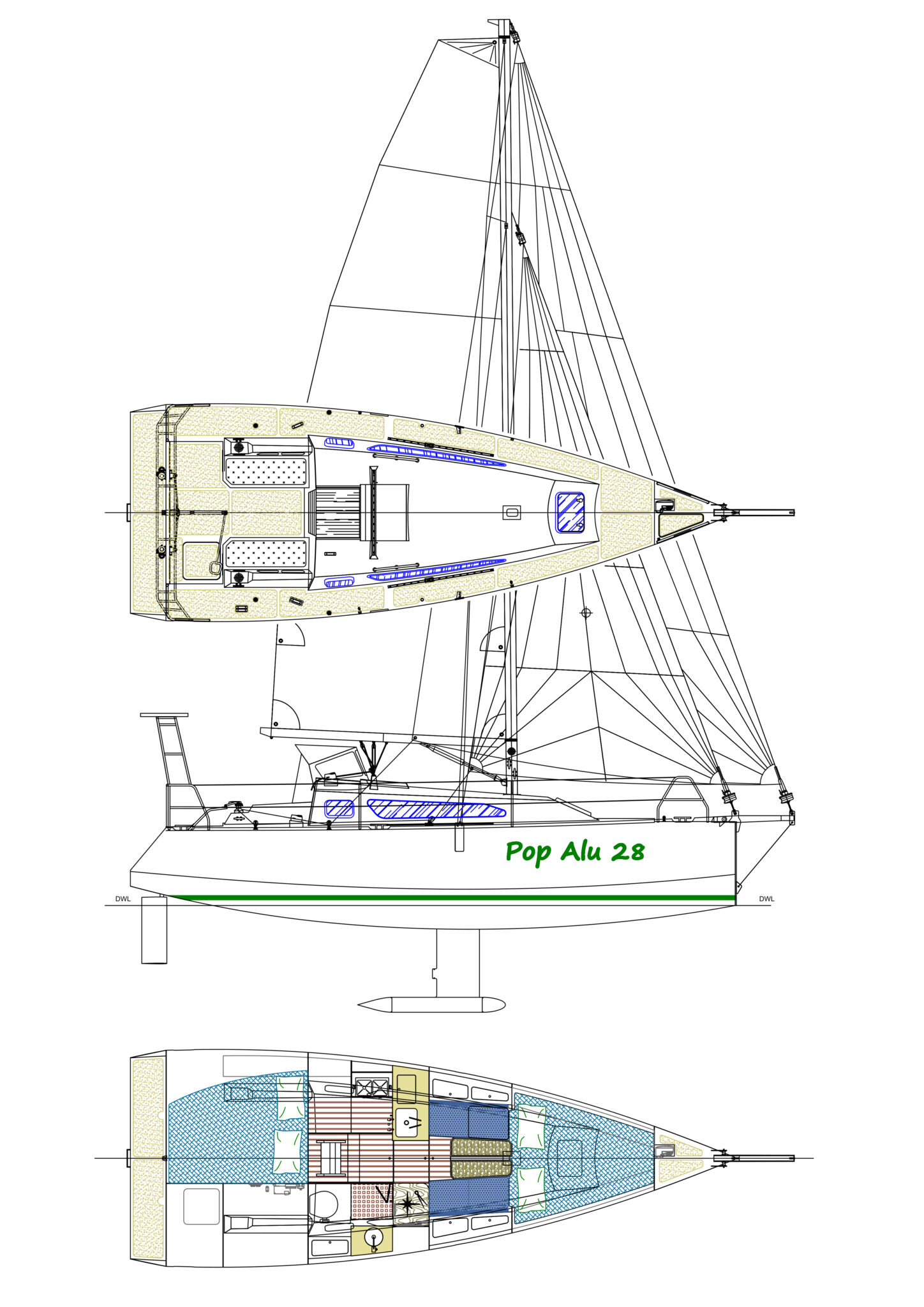 Boat Plans for ocean aluminium cruising yacht with twin bulb keels.